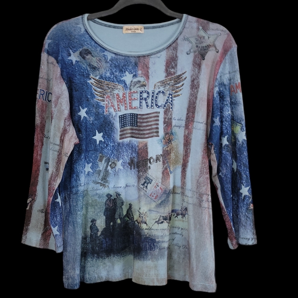 Studio Gem Q America T Shirt With Rhinestones 3/4 Sle… - Gem